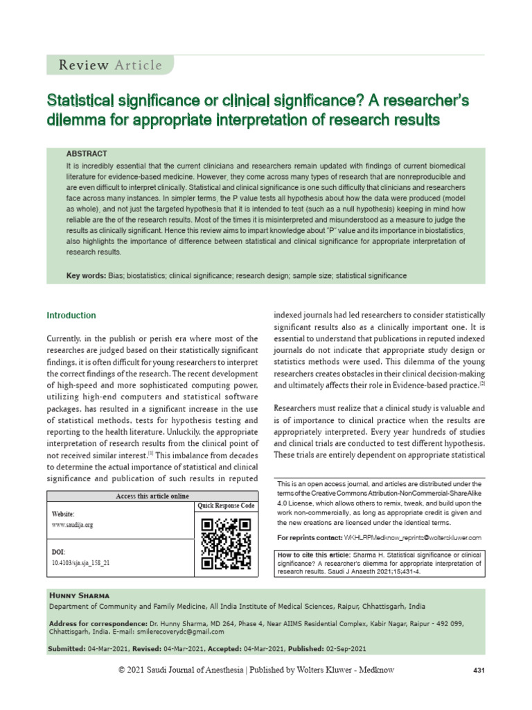 Sharma 2021 Clinical Significance | PDF | P Value | Statistics