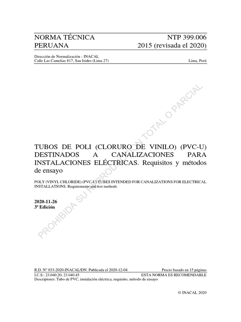 NTP 399.006-Tubos PVC Electricas | PDF | Perú