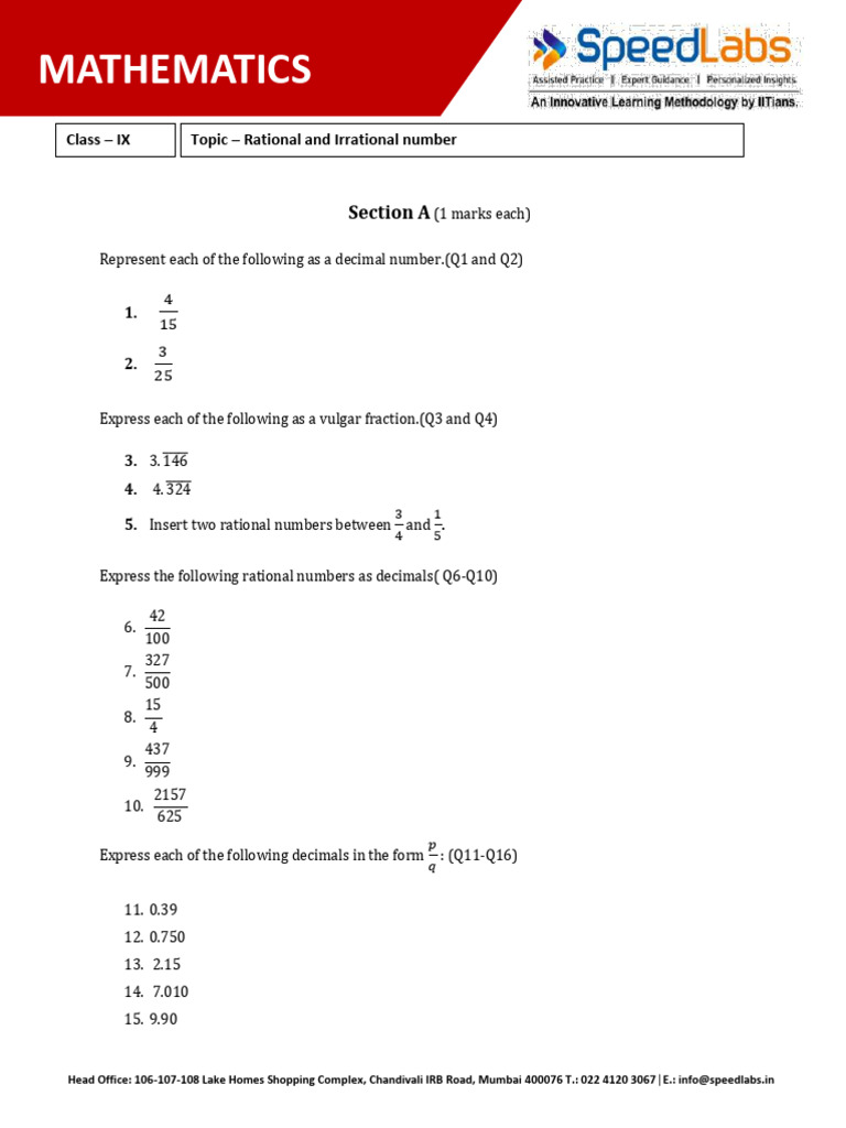 Class IX Rational Numbers Worksheet | PDF | Numbers | Rational Number