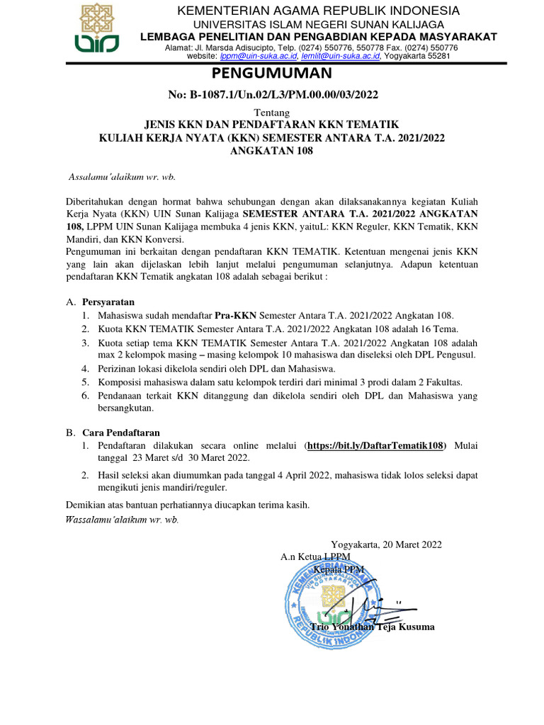012 - 20220323 - Pengumuman - Mahasiswa - Jenis KKN Dan Pendaftaran KKN Tematik Angkatan 108 | PDF