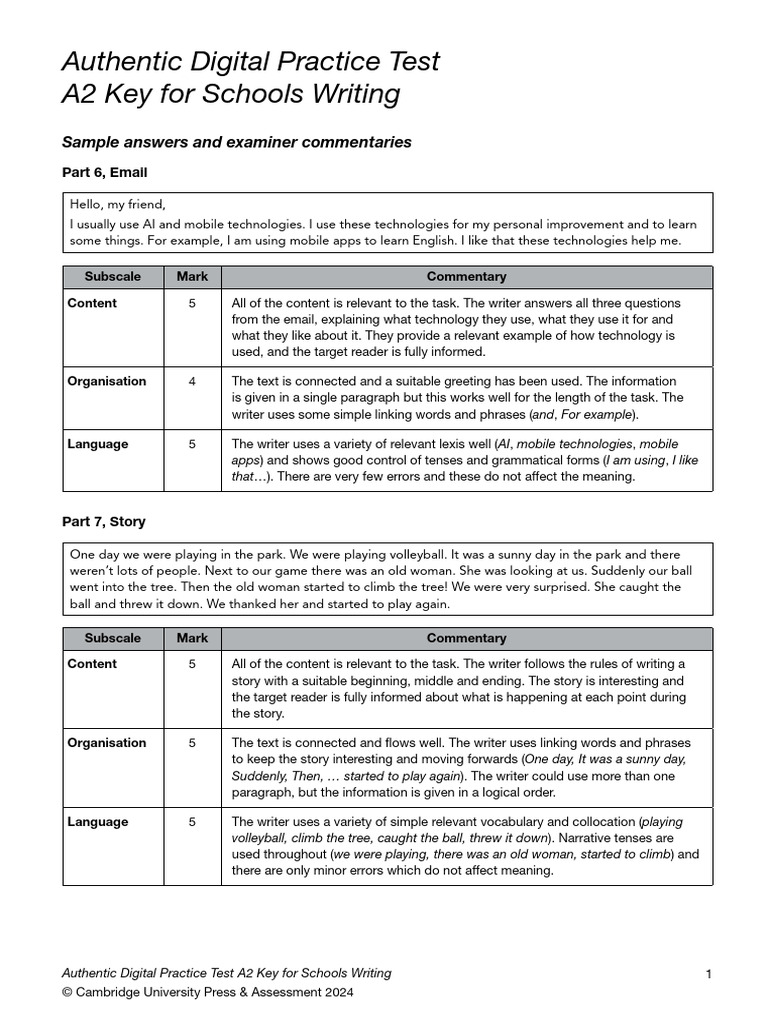 Authentic Digital Practice Test A2 Key For Schools Writing Sample ...