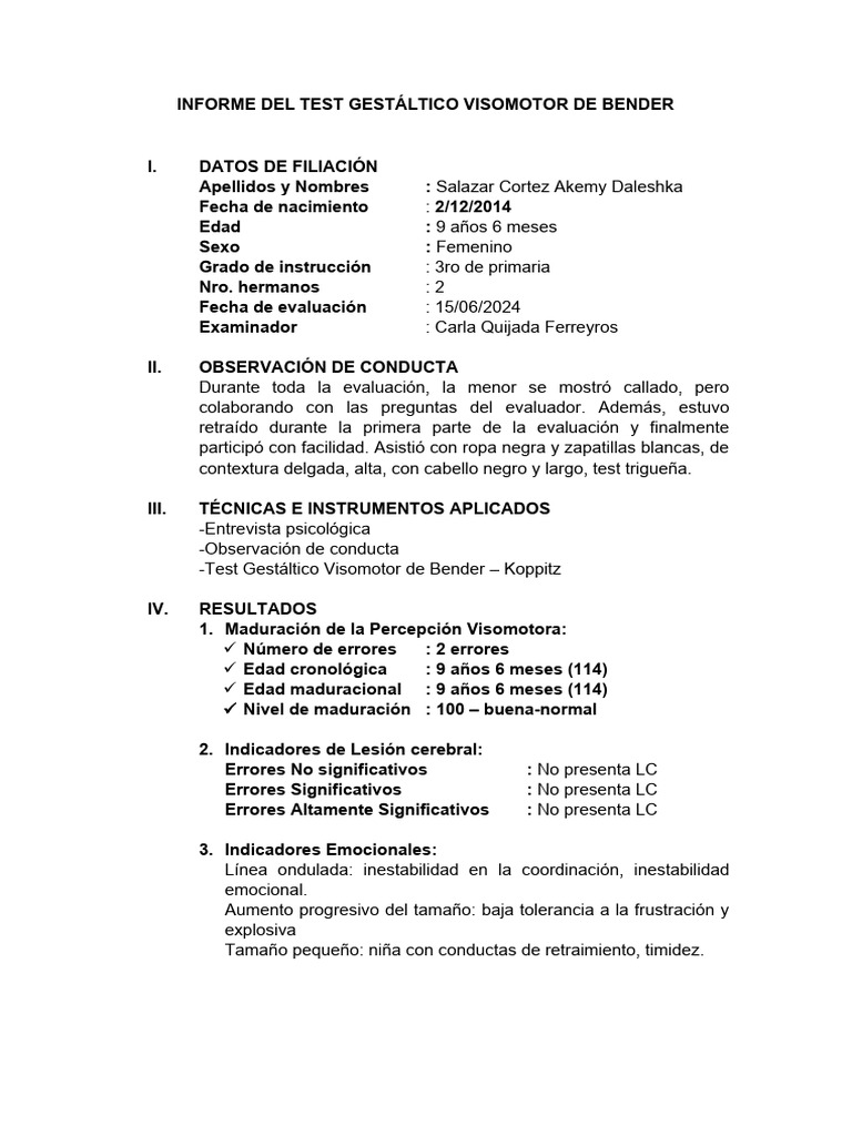 Informe Del Test Gestáltico Visomotor de Bender | PDF | Comportamiento ...
