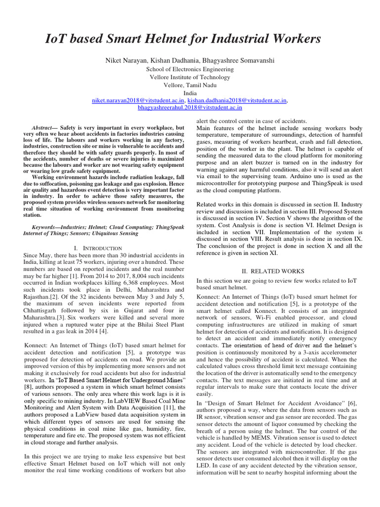 IoT Based Smart Helmet For Industrial Workers | PDF | Internet Of Things | Sensor