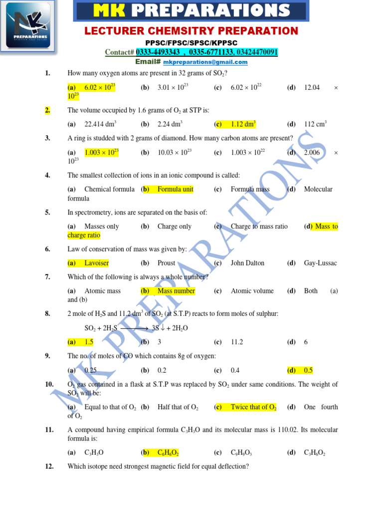 Chemistry Basic Test No.1 Crash Program KEY | PDF | Mole (Unit) | Atoms