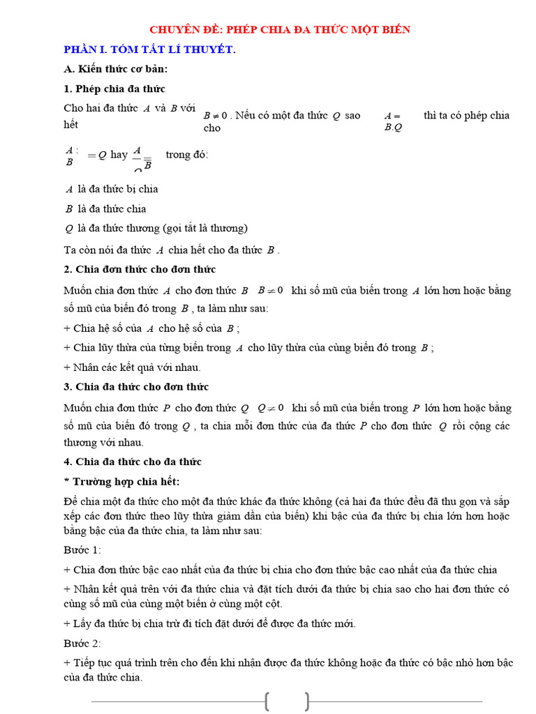 ĐS7 - CĐ19. Phep Chia Da Thuc Mot Bien | PDF