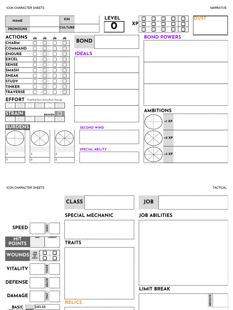 ICON CHARACTER SHEETS | PDF
