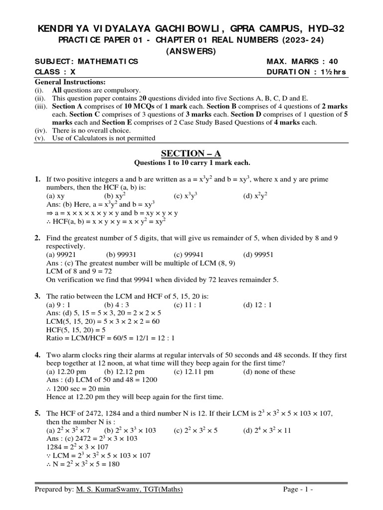 Maths Class X Chapter 01 Real Numbers Practice Paper 01 Answers 3 | PDF ...