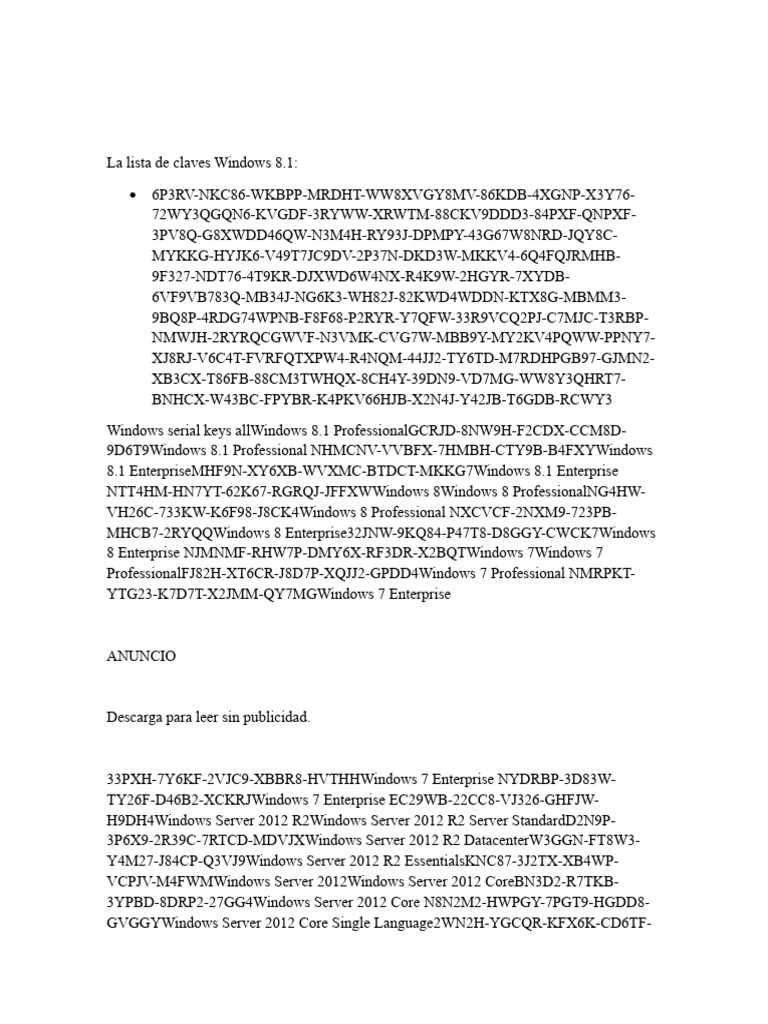 Listado de Claves Windows | PDF | Windows 8 | Software móvil