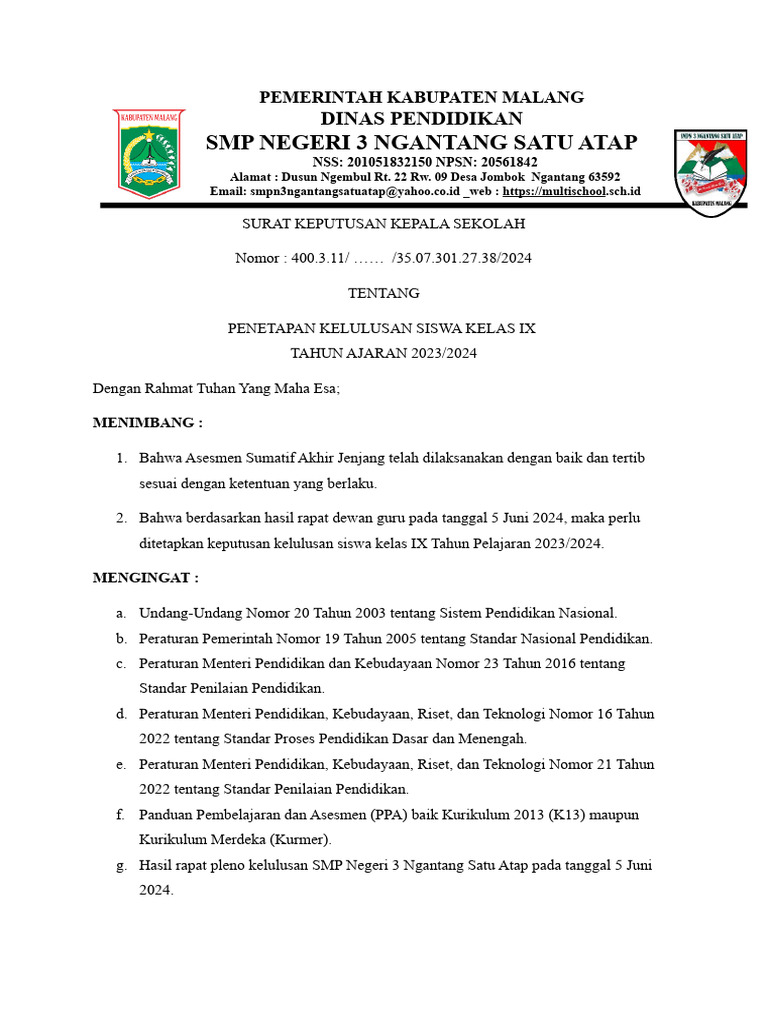 SK Penetapan Kelulusan Siswa 2024 | PDF