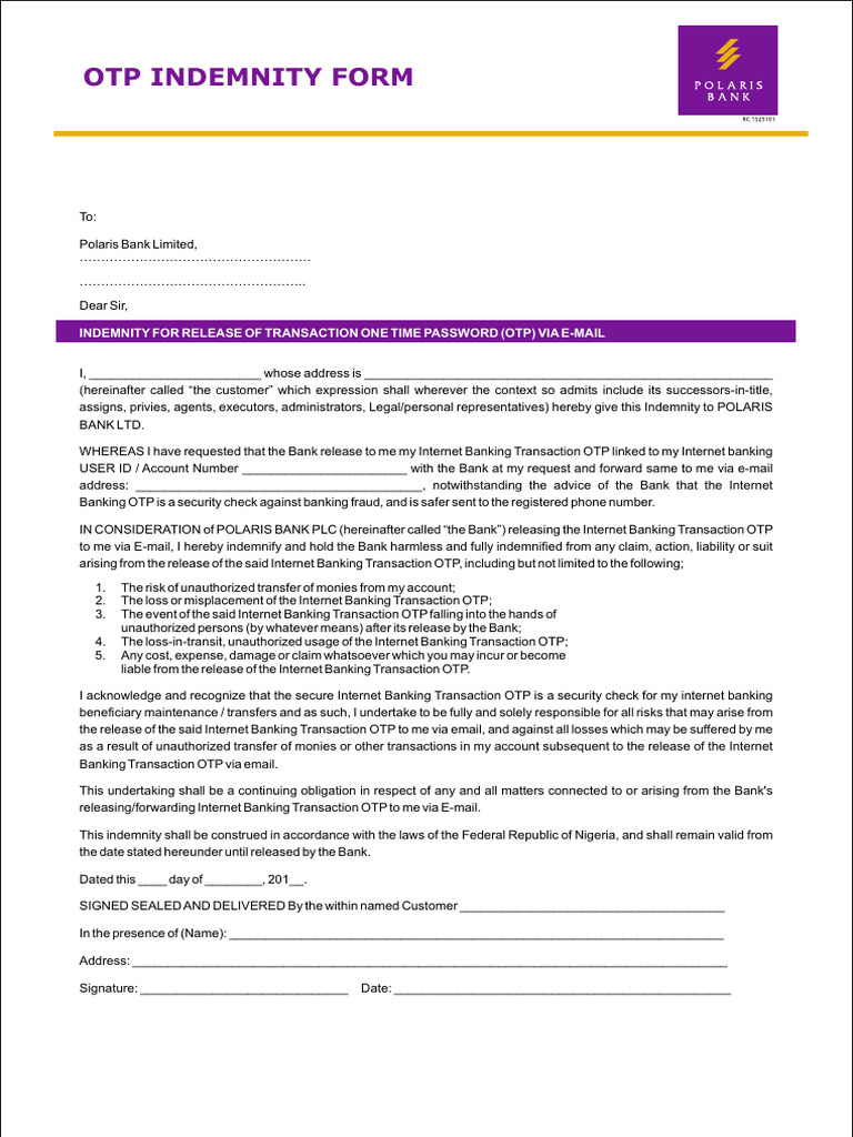OTP Indemnity Form | PDF | Indemnity | Online Banking