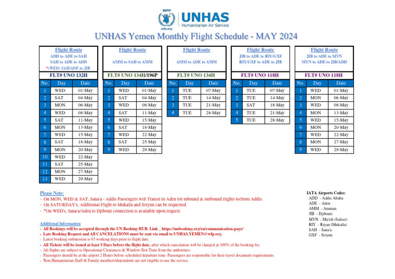 UNHAS Yemen Flight Schedule May 2024 | PDF | Civil Aviation | Transport