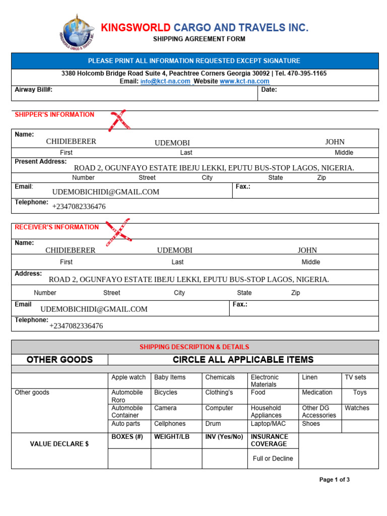 Shipping Agreement Form for KCT Inc. | PDF | Cargo | Freight Transport