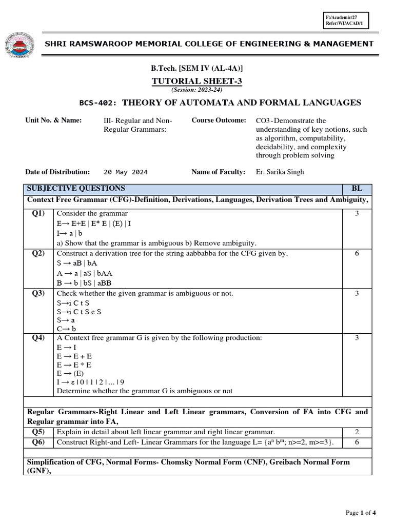 Automata Theory Tutorial Sheet 3 | PDF | Syntax (Logic) | Formalism ...