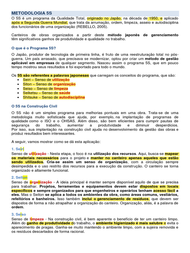 Metodologia 5S - Metodologia 5L - Tipos de Canteiros de Obras | PDF | Japão | Desperdício