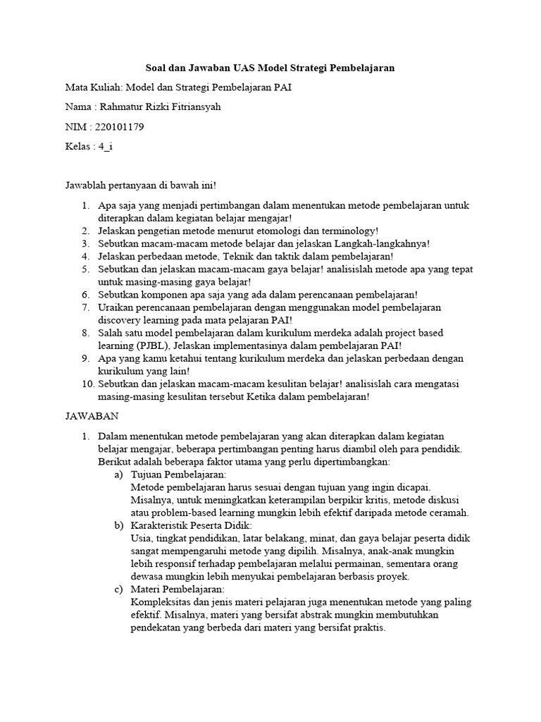 Soal UAS Model Dan Strategi Pembelajaran PAI 2024 | PDF | Pengembangan Diri