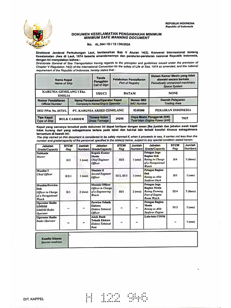 Safe Manning Karunia Gemilang I | PDF