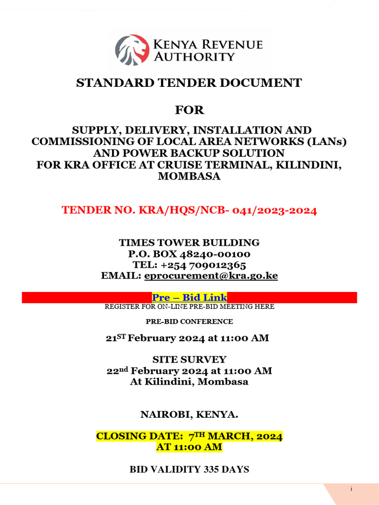 NCB 041. Tender Document Supply Delivery Installation and Commissioning ...