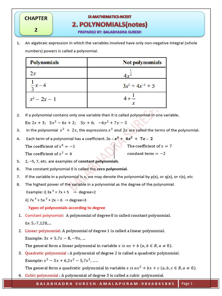POLYNOMIALS Notes | PDF | Polynomial | Computational Science