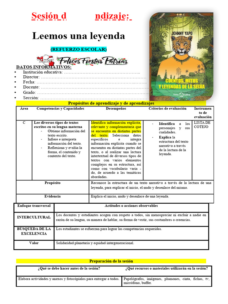 6º Grado Dia 5 Com. Leemos Una Leyenda | PDF | Evaluación | Selva