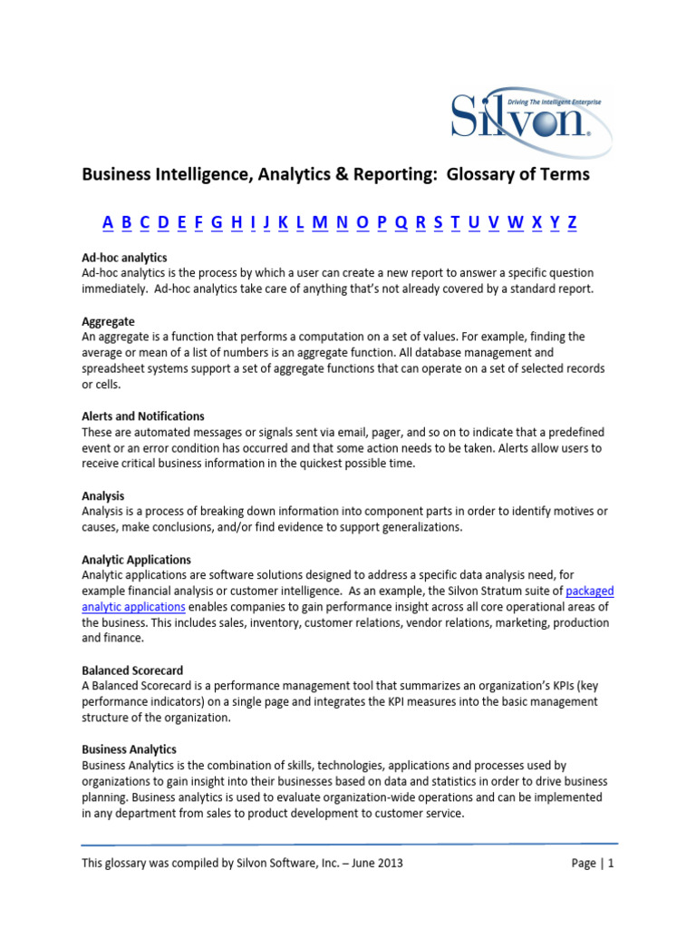 Silvon Software Business Intelligence and Analytics Glossary | PDF ...
