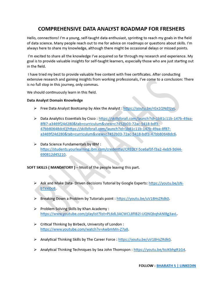 Comprehensive Data Analyst Roadmap For Freshers Pdf Data Science Data Analysis 