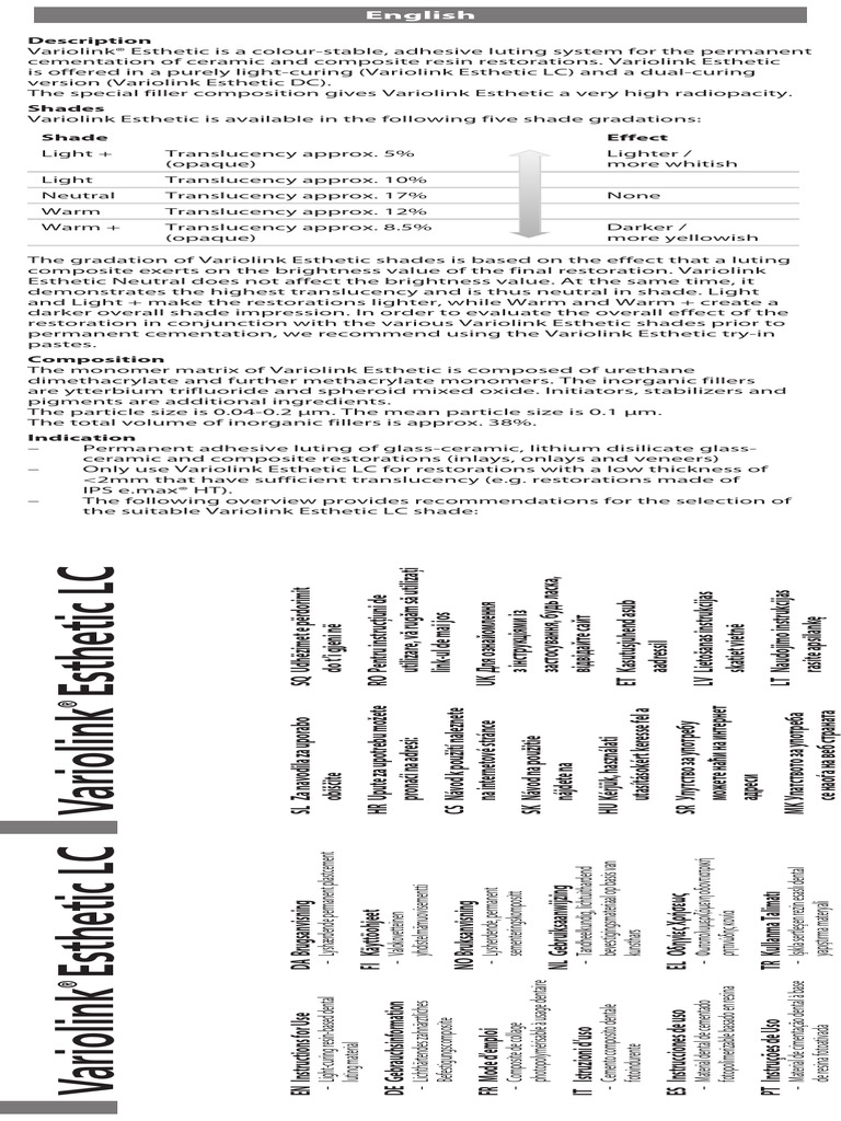 Variolink Esthetic Cement Instructions | PDF | Materials | Dentistry ...