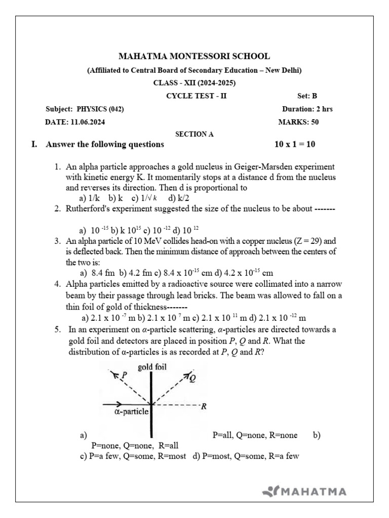 Atom Cycle Test Set B Question Paper | PDF | Energy Level | Atoms
