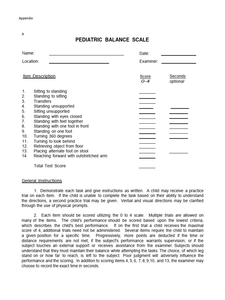 Pediatric Balance Scale Instructions | PDF | Chair | Foot