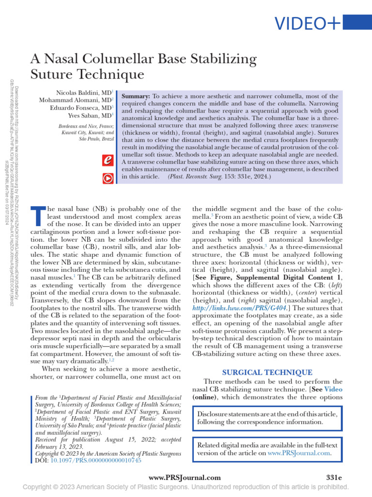 A Nasal Columellar Base Stabilizing Suture Technique - Baldini 2024 ...