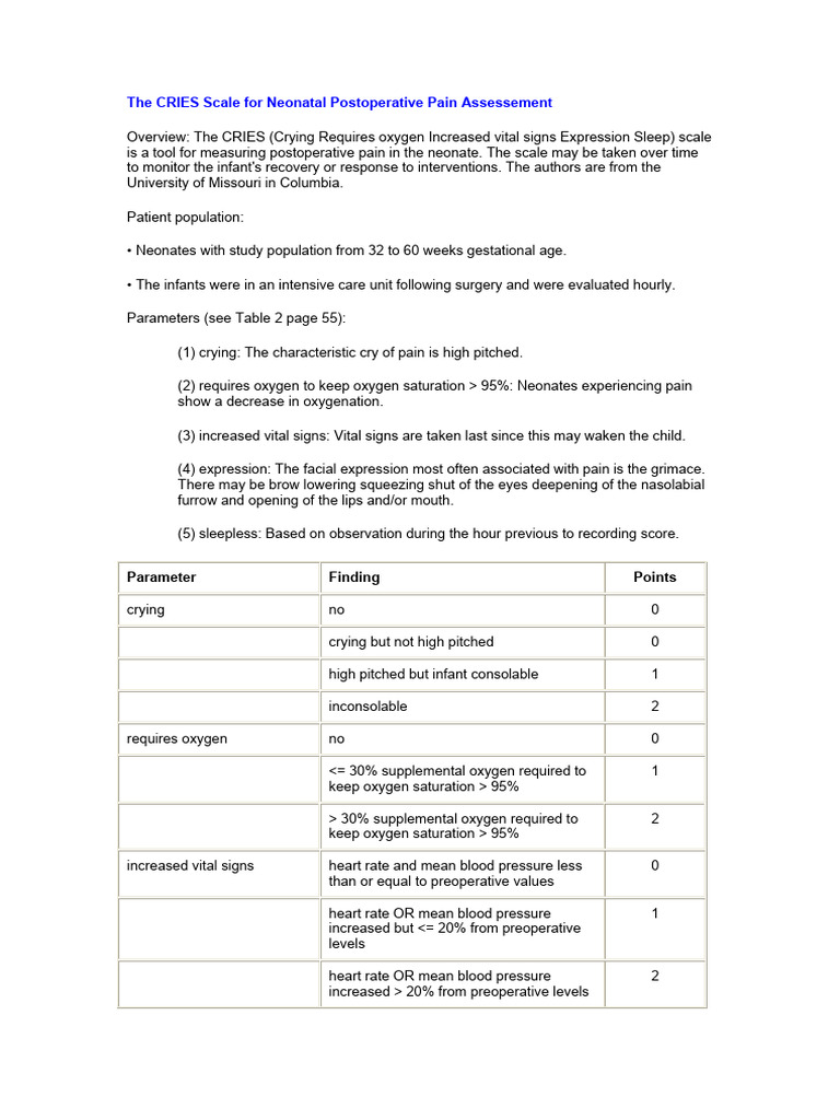 CRIES Scale for Neonatal Postoperative Pain Assessment | PDF | Infants | Pain