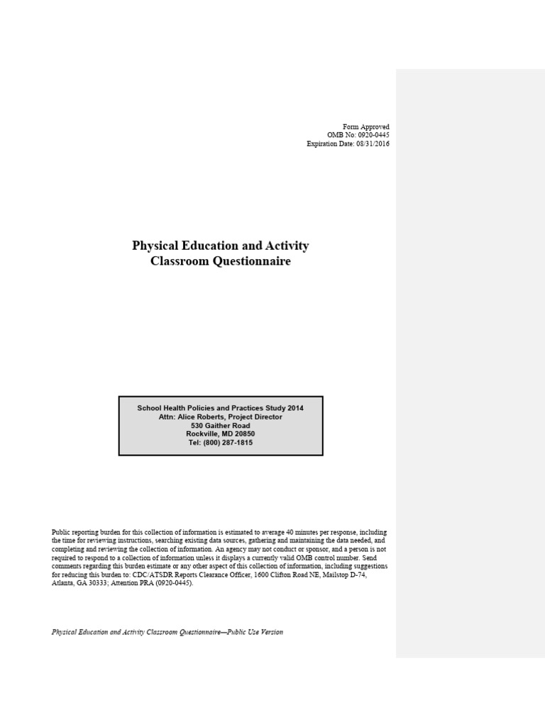 PE and Activity Classroom Questionnairec2014questionnaire | PDF ...