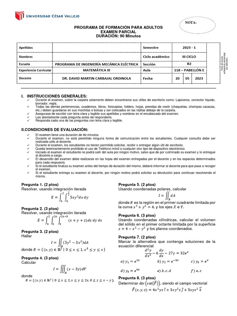 Modelo Examen Final Matematica III | PDF | Integral | Análisis matemático