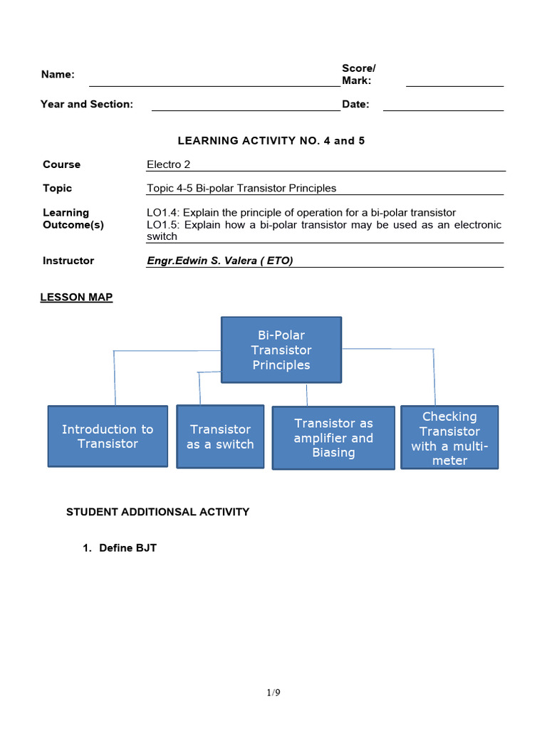 Week 4-5 Electro 2 LA CO1 Topic 4 &5 Transistor | PDF | Technology & Engineering