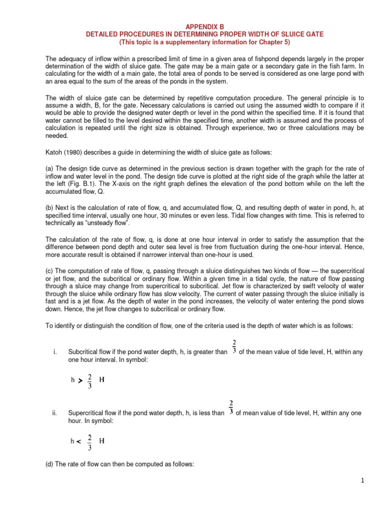 APPENDIX B - Sluice Gate Width Determination | PDF | Discharge ...