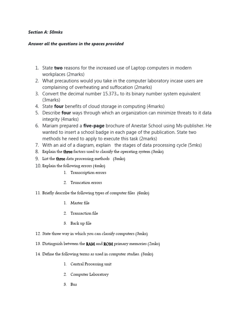 Computer Form Three Paper 1 | PDF | Computer Data Storage | Computer File