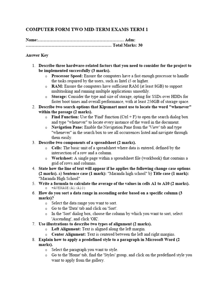 Computer Form Two Mid-Term M.S | PDF | Spreadsheet | Computer Data Storage