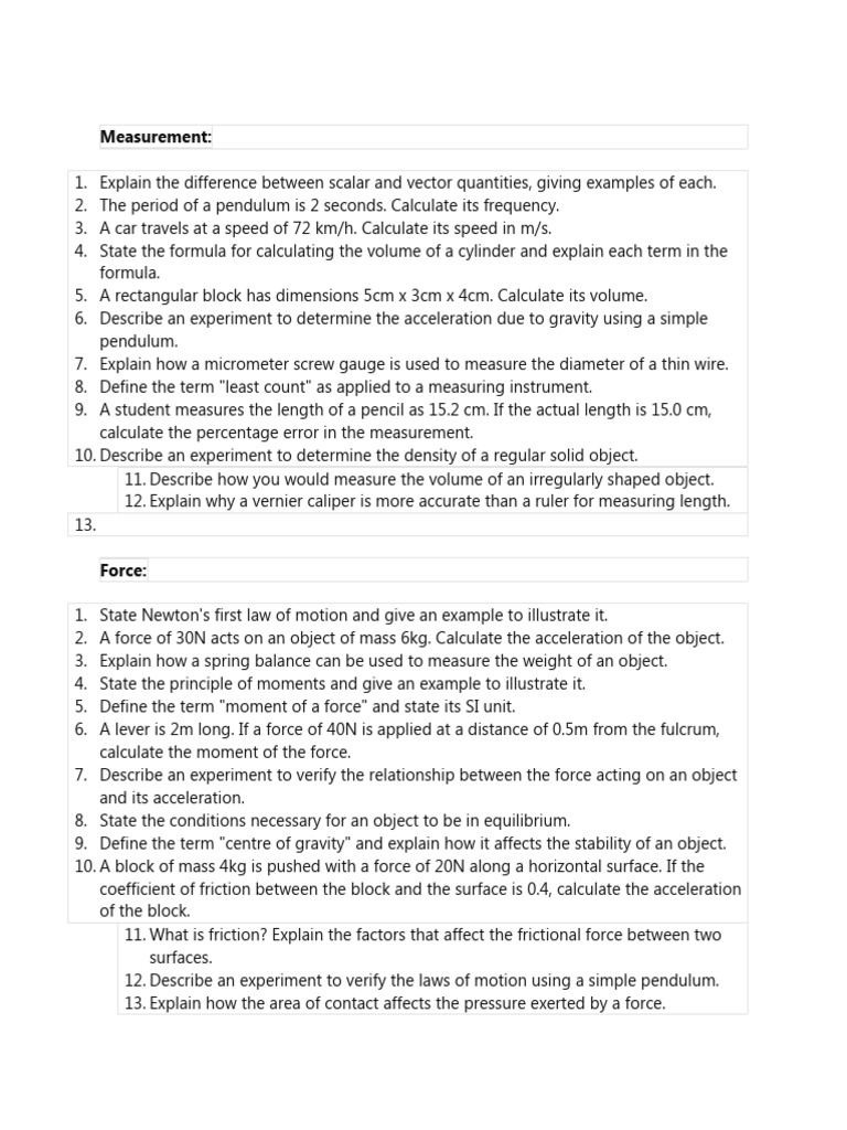 Form 1 Measurement and Force Questions | PDF | Force | Acceleration