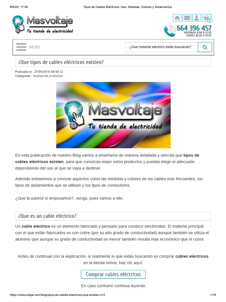 TABLA de CABLES Tipos de Cables Eléctricos - Uso, Medidas, Colores y ...