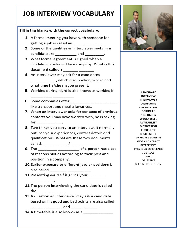 Job Interview Vocabulary Worksheet | PDF | Employee Relations ...