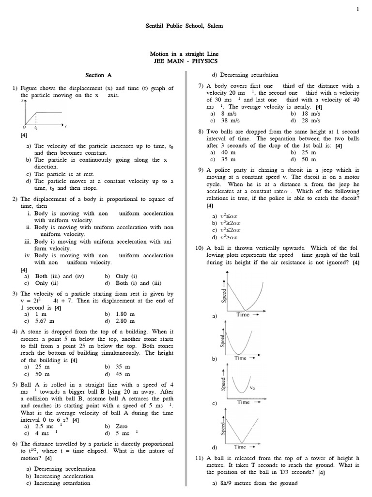 XI - B1 - Motion in Straight Line Practice Session | PDF | Acceleration | Velocity