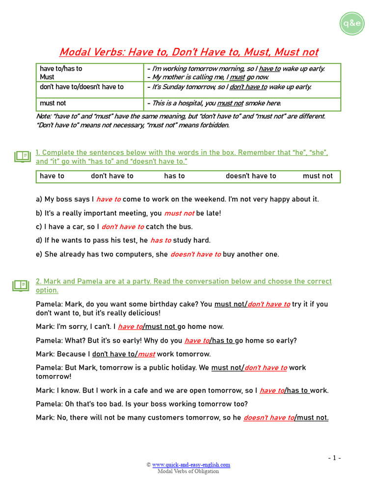 Modal Verbs Obligation TV A1 | PDF | Syntax | Morphology