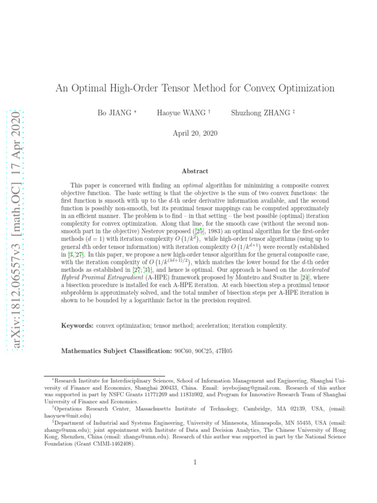 An Optimal High-Order Tensor Method For Convex Optimization: Bo Jiang Haoyue WANG Shuzhong ZHANG ...