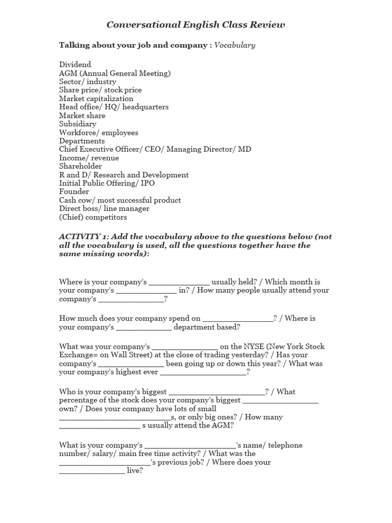 Conversational English Class Review | PDF | Stocks | Initial Public ...