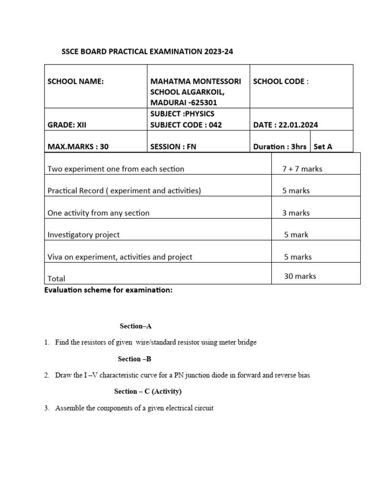 SSCE BOARD PRACTICAL EXAMINATION 2023 Board Exam Practical | PDF | P–N Junction | Diode