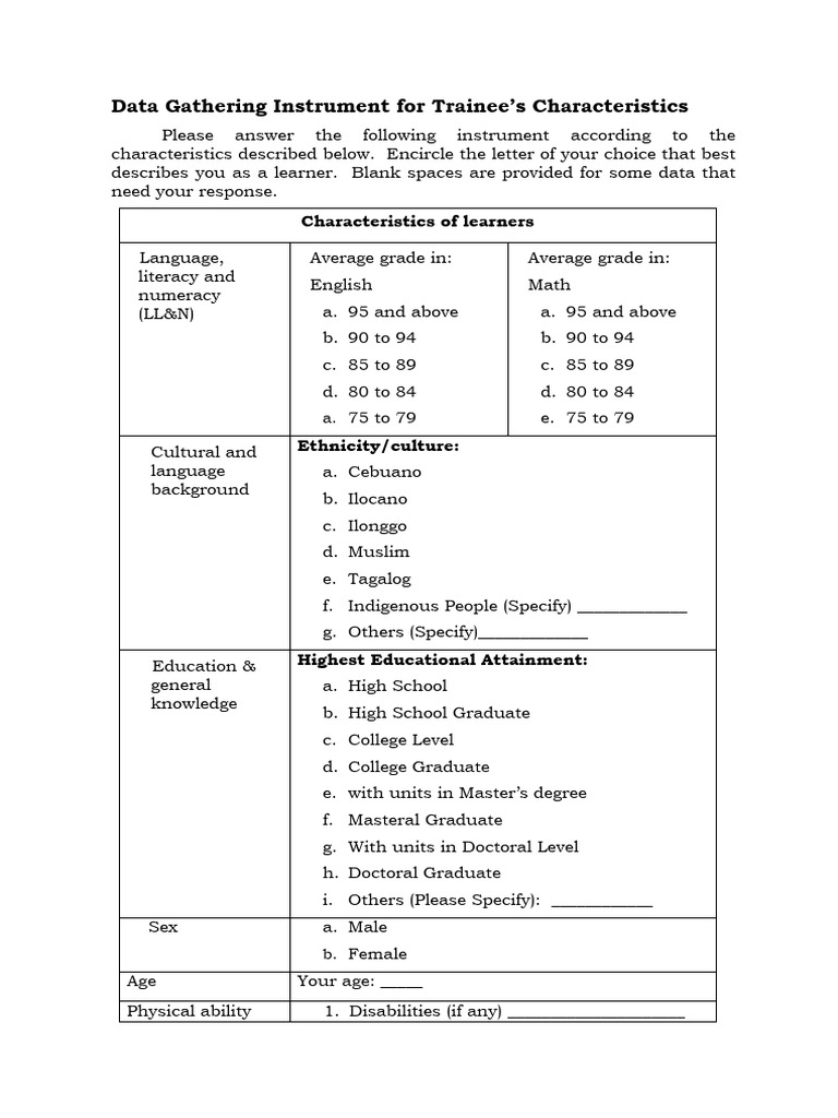 Data Gathering Instrument for Trainee_Self-assessment | PDF | Plant Nursery | Learning
