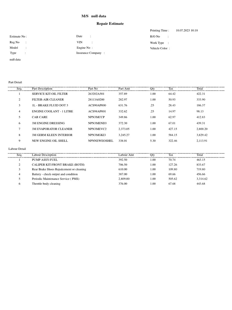 Repair Estimate Report Summary | PDF | Brake | Transport
