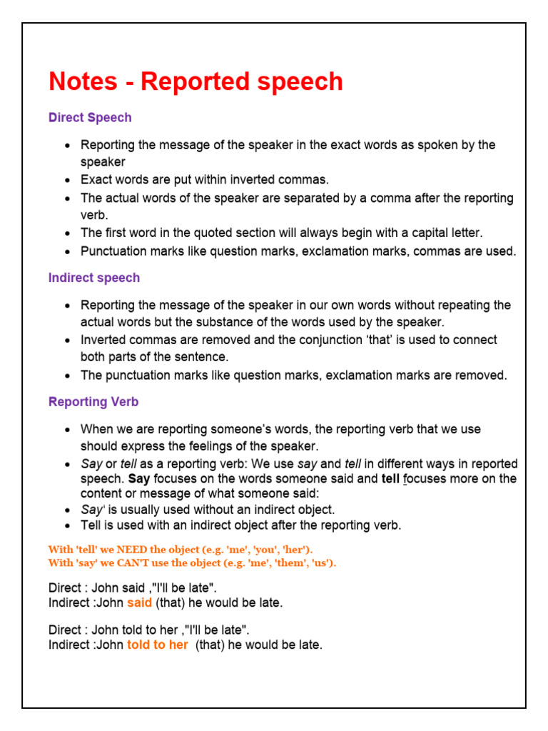 Notes - Reported Speech | PDF | Grammatical Tense | Languages