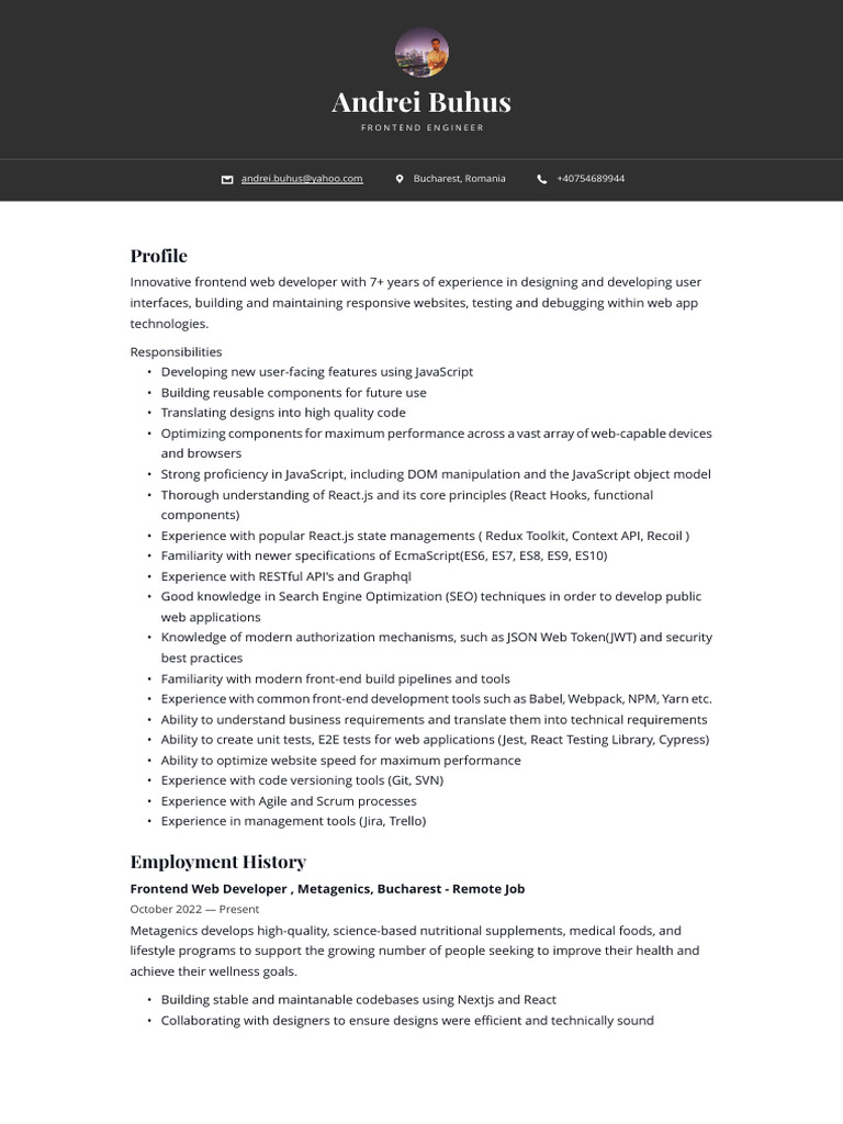 Andrei Buhus - Frontend Engineer | PDF | Java Script | Bootstrap (Front End Framework)
