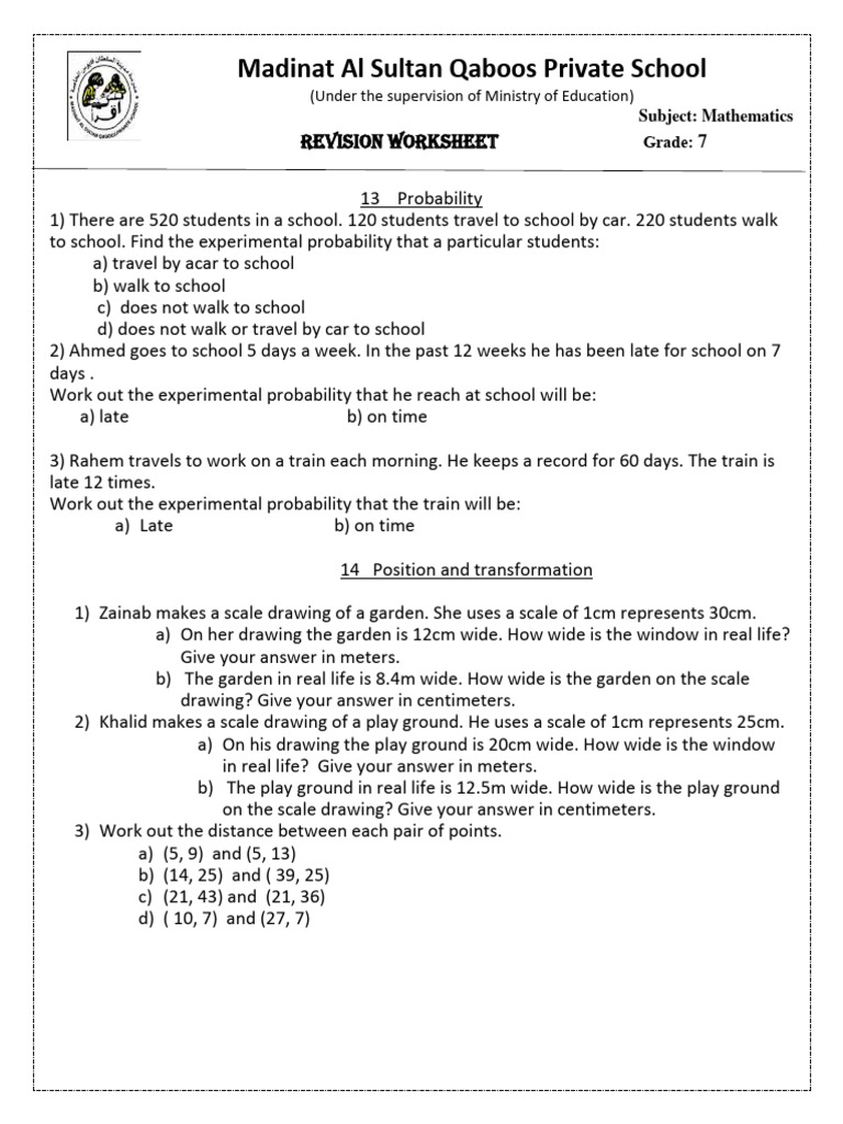 Grade 7 Revision Work Sheet | PDF | Area | Elementary Geometry