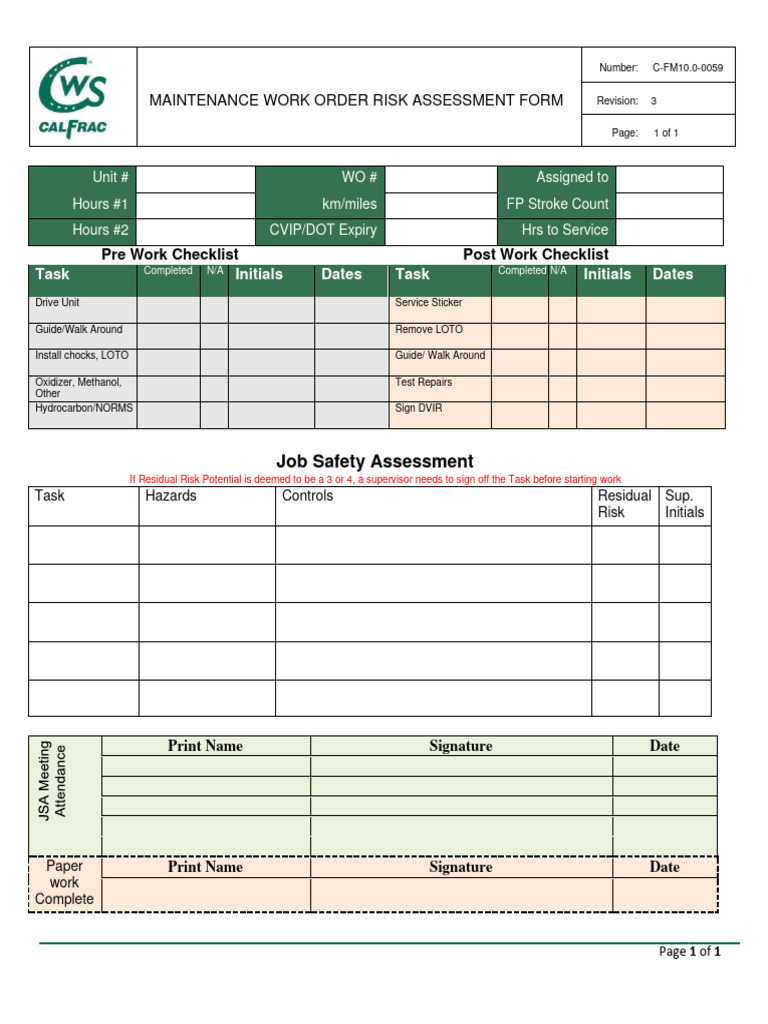 C-FM10.0-0059 Maintenance Work Order Risk Assessment Form | PDF ...